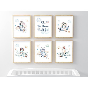 bumbleboo Nistio® Oh The Places You Will Go Nursery Print, Airplane Nursery Prints, Safari Animals Nursery Wall Art, Seuss Nursery Print, Airplane Nursery Wall Art, Unframed, Set of 6 Prints, 8x10