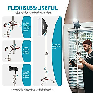Neewer Pro 100% Stainless Steel C Stand Light Stand with Casters, Max. Height 14.4ft/440cm with 7ft/218cm Cross-Bar and Empty Sandbag for Photography Studio Reflector, Monolight and Other Equipment
