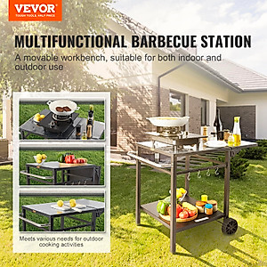 VEVOR Outdoor Grill Dining Cart with Double-Shelf, BBQ Movable Food Prep Table, Multifunctional Foldable Iron Table Top, Portable Modular Carts for Pizza Oven, Worktable with 2 Wheels, Carry Handle
