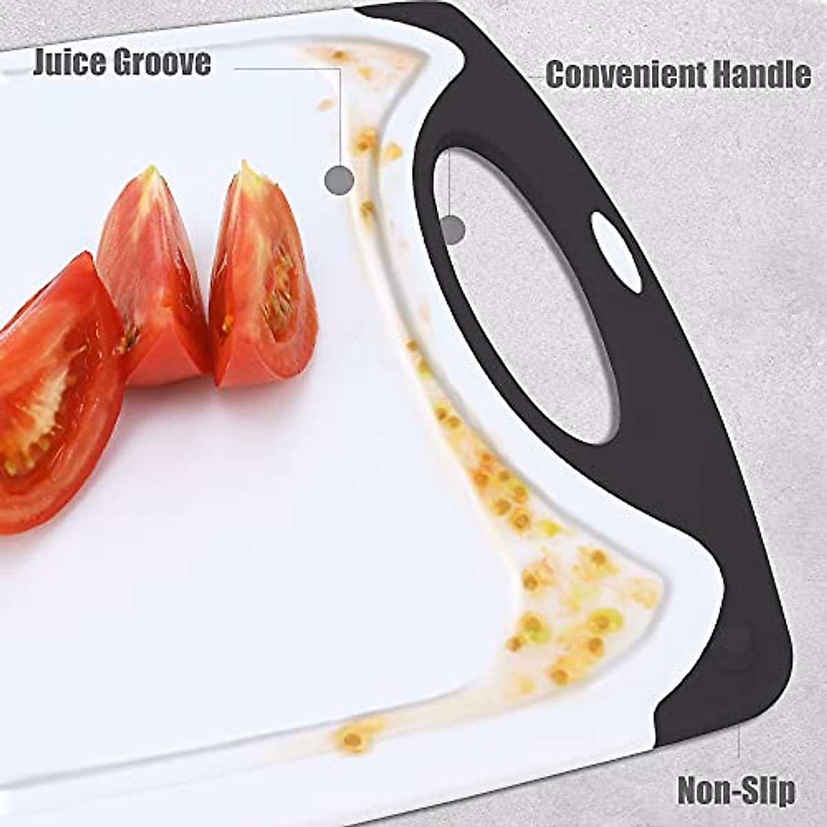 ZVP Extra Large Cutting Board for Kitchen Set of 4, Plastic Chopping Boards with Knife, Easy Grip Handle, Juice Groove, BPA Free, Dishwasher Safe, Non Slip, Non Porous, White Black