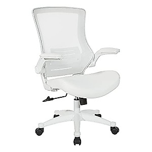 Office Star Ventilated White Screen Back Manager's Office Chair with Padded Flip Arms with White Nylon Base, White Faux Leather