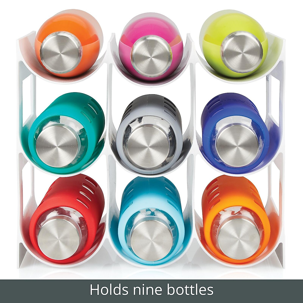 mDesign Plastic Free-Standing Water Bottle Organization/Wine Rack Storage Organizer for Kitchen Countertops, Cabinet, Bin, Pantry, Fridge, Refrigerator, 3 Tiers, 9 Bottles, Lumiere Collection - White