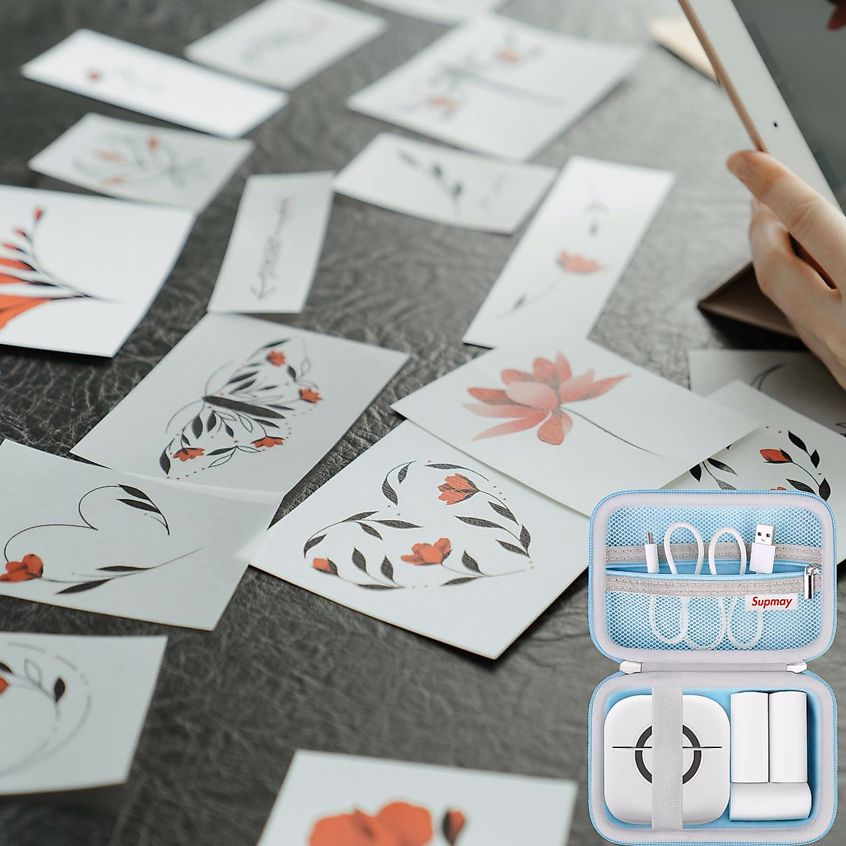 Supmay Hard Travel Case for Cabaro Mini Printer Sticker Thermal Printer, Bluetooth Portable Phone Printer Storage Holder Protection Case with Zipper Mesh Pocket fit Rolls Paper, Charging Cable, Blue