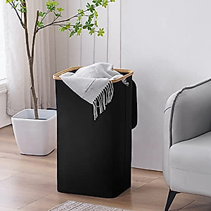 100L Large Laundry Hamper with Lid and Removable Bag by TECHMILLY, Tall Laundry Basket with Bamboo Handles for Clothes and Toys Storage, Collapsible Clothes Hamper for Bedroom and Bathroom, Black