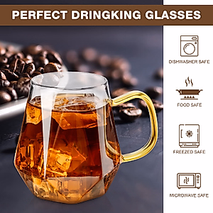 Patelai 4 Pieces Glass Coffee Cups with Handle, 10 oz Glass Clear Coffee Mugs for Hot Espresso Liquor, Microwave Safe Tea Cups Glass Set Gift, Diamond Design(4 Pieces)
