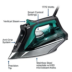Rowenta, Iron, Pro Master Stainless Steel Soleplate Steam Iron for Clothes, 210 g/min, 400 Microsteam Holes, 1775 Watts, Auto-Off, Ironing, Green Clothes Iron, DW8360