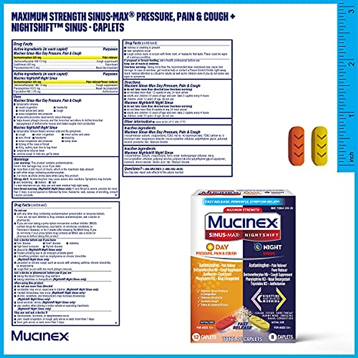 Mucinex Maximum Strength Sinus-Max (Day) Pressure, Pain & Cough & Nightshift (Night) Sinus Caplets, Fast Release, Powerful Multi-Symptom Relief, 20 caplets (12 Day time + 8 Night time)