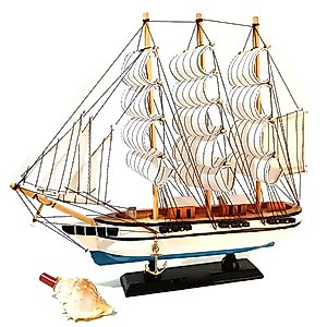 Smooth sailing boat model Mediterranean sailing boat wooden sailing boat furniture decoration room decoration (main white)