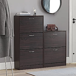 Haotian FSR110-BR, Brown Shoe Cabinet with 3 Flip Drawers, Freestanding Shoe Rack, Shoe Storage Cupboard Organizer Unit