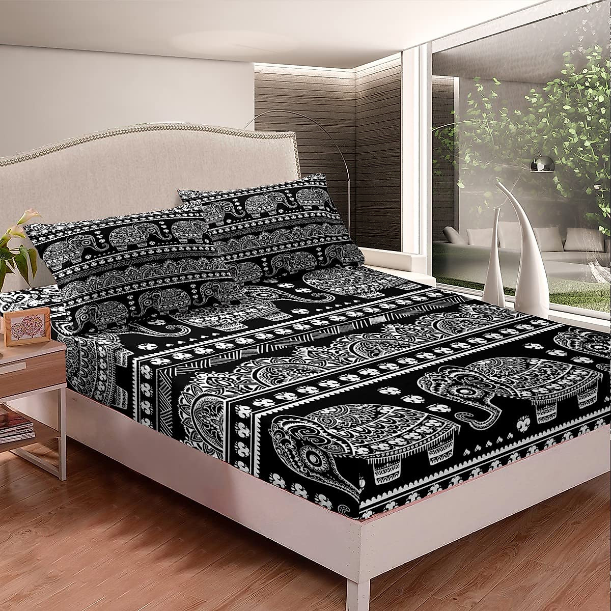 Elephant Fitted Sheet Full,Exotic Bohemian Black and White Bed Sheets Paisley Floral Bedding Sets for Kids Child,Ethnic Tribal Wildlife Bedding Decor Set Tribe Western Animals Boho Room Decor