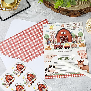 AnyDesign Farm Barnyard Birthday Party Invitations with Stickers Envelopes Red Buffalo Plaids Animal Pig Cow Party Invitation Paper Cards for Birthday Invites Party Supplies, 20 Sets, 5 x 7 Inch