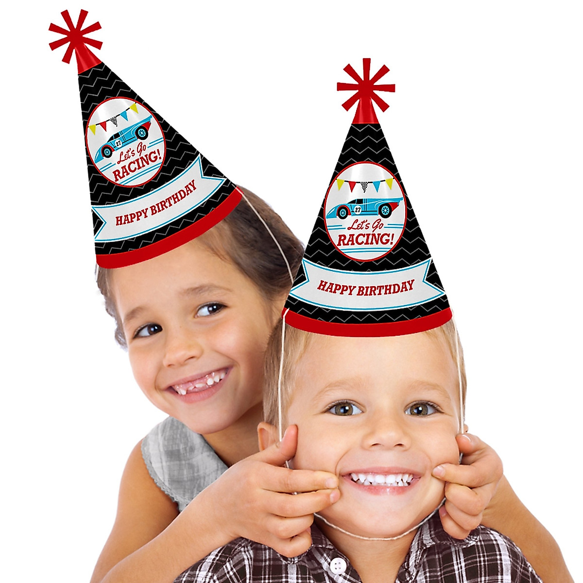 Let’s Go Racing - Racecar - Cone Race Car Happy Birthday Party Hats for Kids and Adults - Set of 8 (Standard Size)