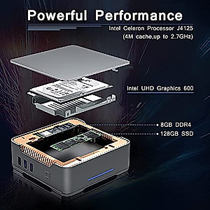 Mini PC Intel Celeron J4125 (up tp 2.70Ghz) 8GB RAM 128GB HDD ROM Quad-Core Windows 11 Computer