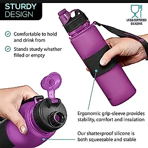 Nomader BPA Free Collapsible Sports Water Bottle - Foldable with Reusable Leak Proof Twist Cap for Gym Travel Hiking Camping and Outdoors - 22 oz (Purple)