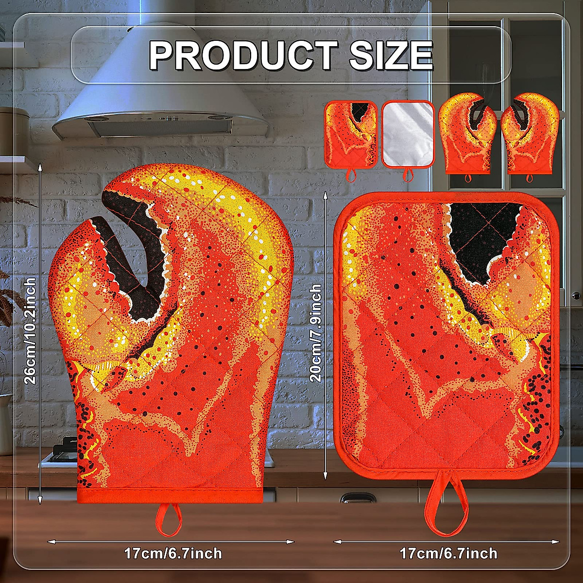 4 Pcs Lobster Claw Oven Mitts and Pot Holders Quilted Cotton Lining Design Heat Resistant Oven Gloves Set with Poth Holder Microwave Gloves Safe for Baking Cooking Barbecue