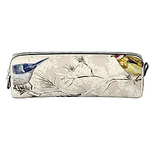 allgobee Pu Leather Pencil Bag Pen Case Little-Birds-Watercolor Students Stationery Pouch Pencil Holder Desk Organizer