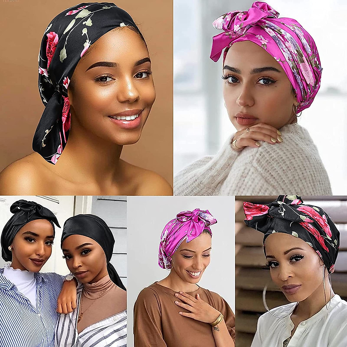 4 Pieces Soft Satin Head Scarf Sleeping Cap Turbans Head Cover Bonnet Head Wear for Women (Set 4)