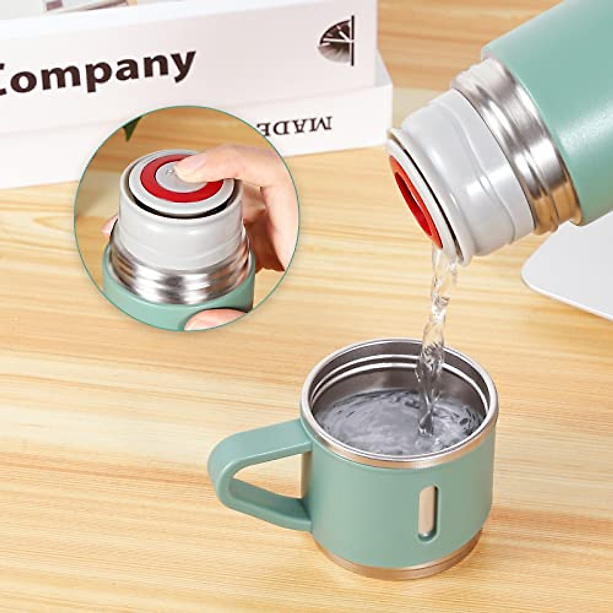 MUCR 500ml/17 OZ Stainless Steel Coffee Thermo Vacuum Flask Set, Insulated Water Bottle with Three Cup for Hot and Cold Drinks, Green