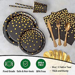 350PCS Black and Gold Party Supplies - Birthday Plates and Napkins Sets for 50, Includes Black Party Plates, Napkins, Cups for Retirement Adult Party Decorations，New Year Party Supplies 2024
