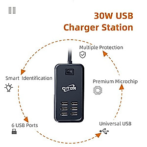 Multiport USB Charger, 6 Port USB Charging Station for Multiple Devices, Phone, Tablet, Power Strip with ON/Off Switch (Black)