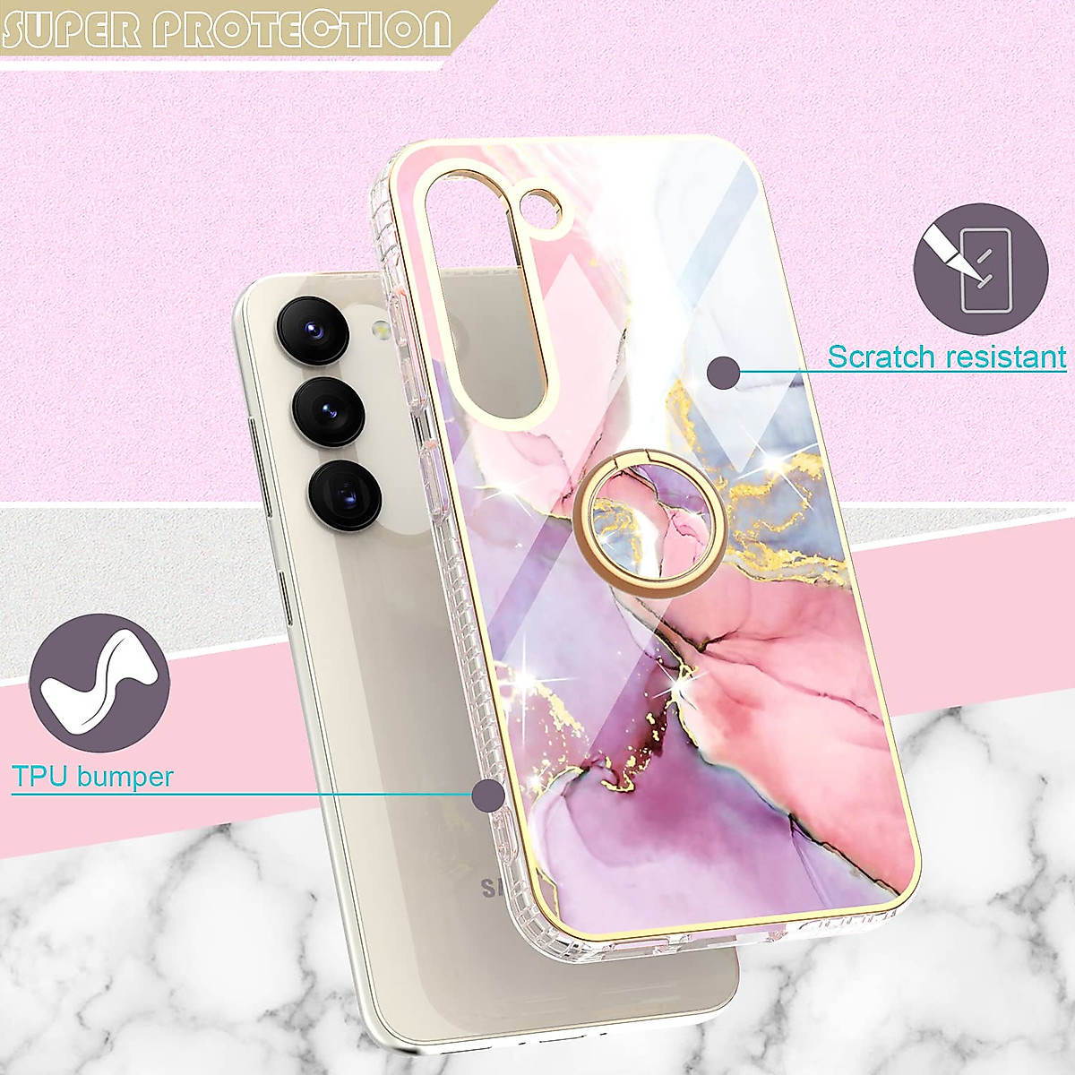 Asuwish Phone Case for Samsung Galaxy S23 5G with Screen Protector and Ring Holder Marble Shockproof Silicone Protective Rugged Slim Cell Cover S 23 23S GS23 G5 SM-S911U 6.1 inch Women Girls Purple