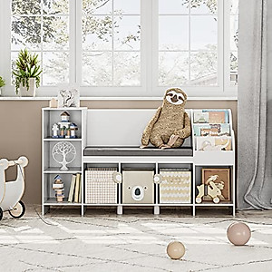 HOUSUIT Kids Bookshelf with Reading Nook, Bookcase with Seat Cushion and Adjustable Shelf, Storage Bench with Book Rack for Bedroom, Entryway, Playroom, 15.7" D x 54.5" W x 31.5" H, White