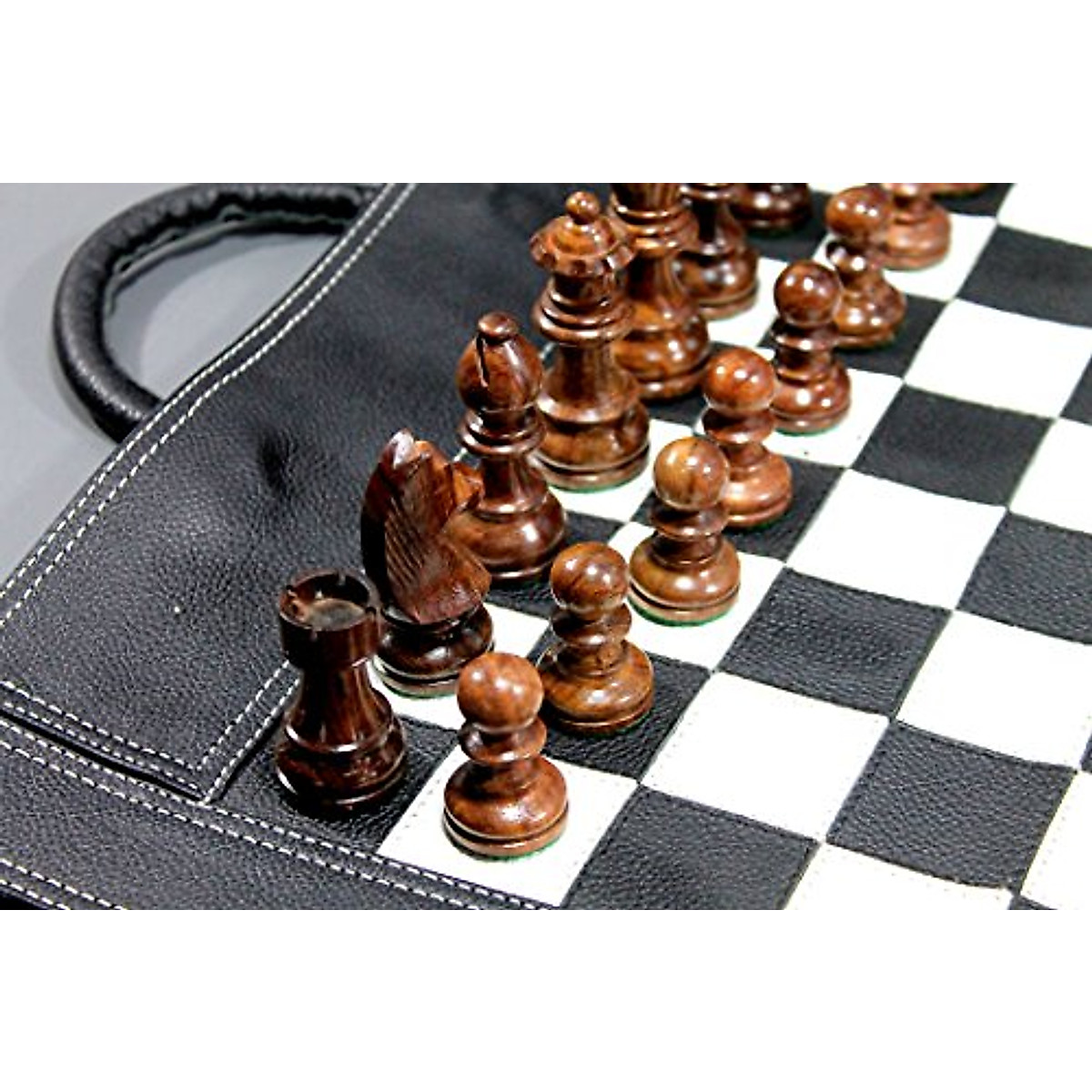 StonKraft - 19" x 15" (Playing Area 12" x 12") Genuine Roll-Up Leather Chess Set - with Wooden Chess Pieces - Black Colour | Comes with Innovative Carry Pouch