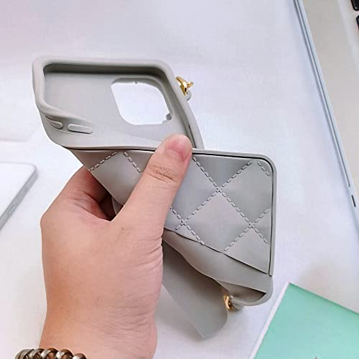 Omio for iPhone 12 Pro Max Handbag Case with Card Holder Wrist Lanyard Strap Soft Silicone Cover for iPhone 12 Pro Max Wallet Case for Women Luxury Stylish Long Pearl Crossbody Chain Case Gray