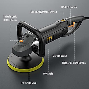 1500W Buffer Polisher, 180mm Rotary Car Polisher Machine Polishing Waxer Kit for Car Detailing with 6-Level Speed，D & Side Handle，4 Foam Pads, 2 Carbon Brushes and 10 Sandpapers