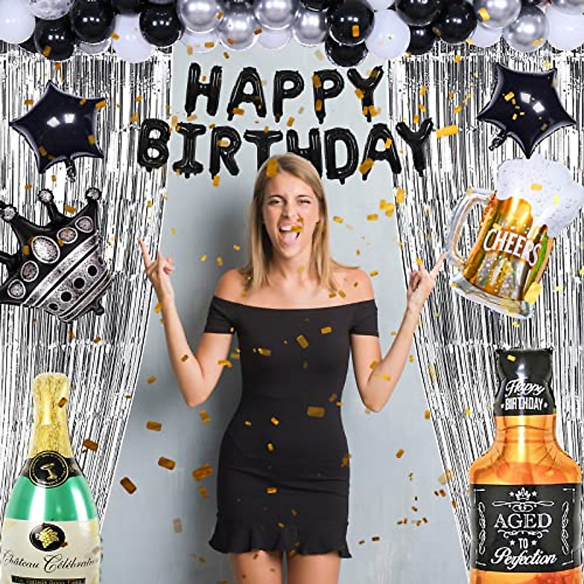 Black and Silver Happy Birthday Party Decorations for Men Women Boys Girls Him Her with 94pcs Black White Silver Balloons Black Happy Birthday Banner Foil Balloons Fringe Curtains Crown Beer Balloons