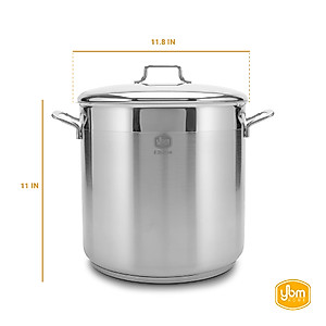 YBM Home Professional Chef’s 18/10 Stainless Steel Stock Pot Covered Tri-Ply Capsule Base With Bakelite Handle, Terrific Mirror Silver, Induction Compatible, 21 Quart - Silver