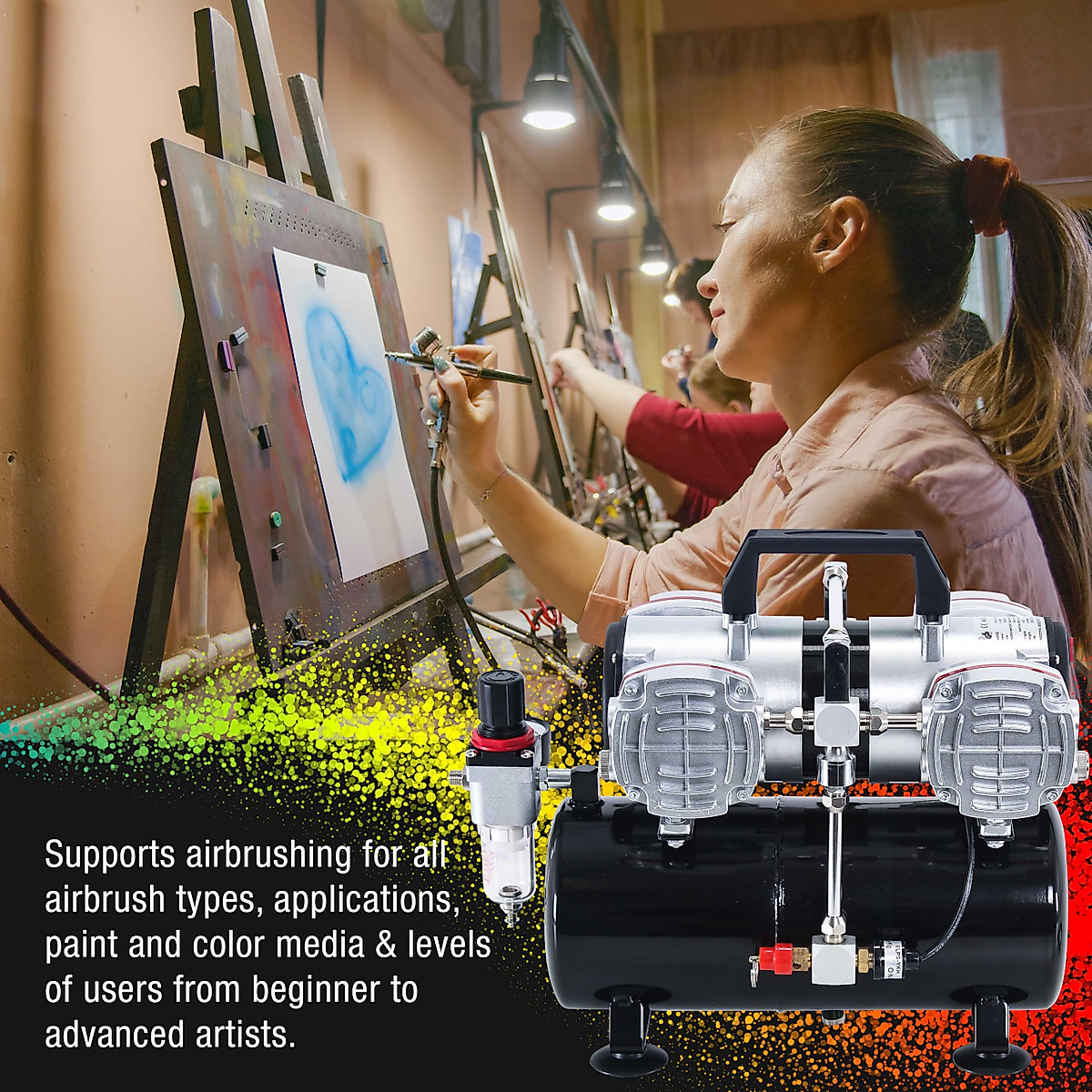 Master Airbrush TC-848 Air Compressor - 1/3 HP, 4-Cylinder, 4L Air Tank, 78L/Min Flow, Multi-Airbrush & Spray Gun Support, Diaphragm Regulator, Portable Handle - Ideal for Artists & All Skill Levels!
