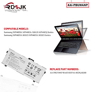 RDSJK AA-PBUN4NP PBUN4NP Laptop Battery for Samsung ATIV Book 9 Pro NP940Z5J NP940Z5L NP940Z5L-X01US NP940Z5L-X03US NP940Z5L-S03US Series AAPBUN4NP BA43-00374A 4ICP6/60/80 15.2V 57Wh