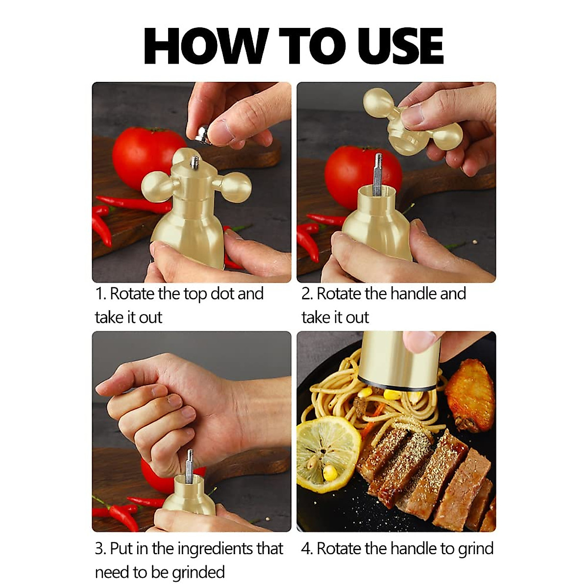 Pepper Grinder Salt Shaker, Kitchen Stainless Steel Salt Pepper Grinders Hand-Made Adjustable Sea Salt Spice Seasoning Grinder to Maintain Flavor for Long Time(Gold)