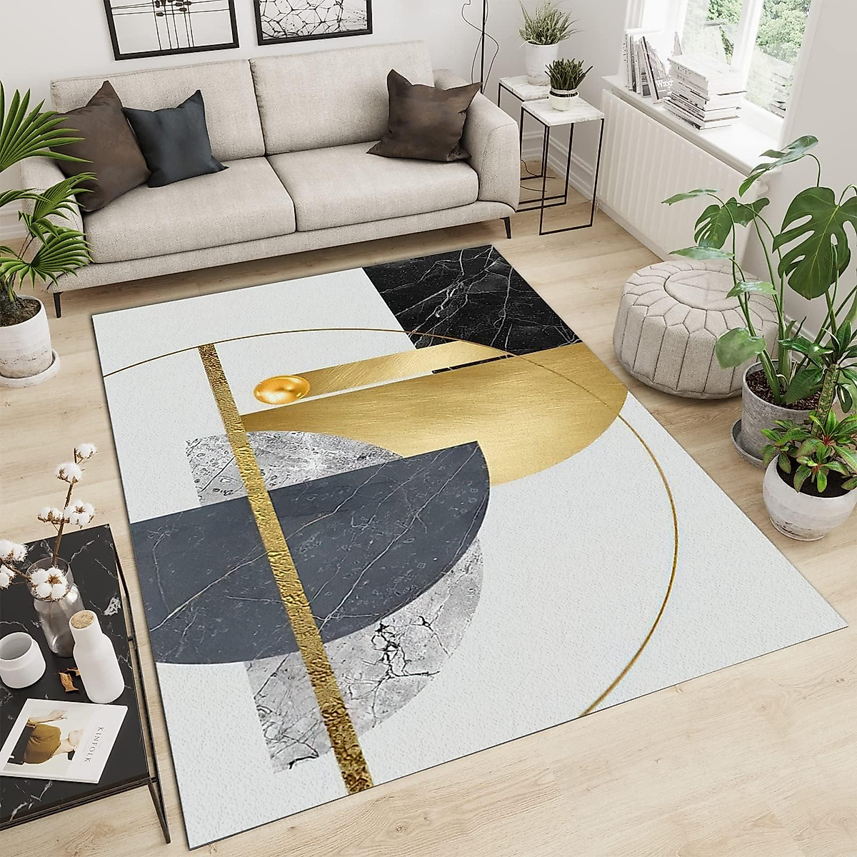 Nordic Gold Black White Geometry Area Rugs, Light Luxury Gray Marble Texture Living Room Rugs, Fade Resistant Soft Anti-Slip Rug for Patio Sofa Dining Table Bedside Bedroom 3ftx5ft