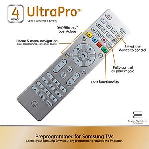 GE Backlit Buttons Universal Remote Control, Samsung TV Remote Control Replacement, Samsung Remote Control for Smart TV, Roku Remote Replacement, Vizio, LG TV, Sony, Apple TV, 4-Device, Silver, 48844