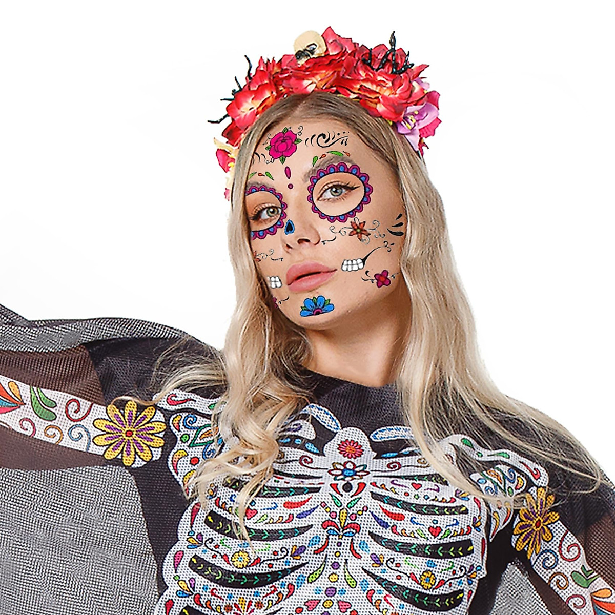 WATCPNO Halloween Skeleton Poncho for Women Day of The Dead Skeleton Costume Lace Skeleton Cape Shawl