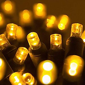 5mm LED Wide Angle Gold Prelamped Light Set, Green Wire - 70 5mm Gold LED Christmas Lights, 4" Spacing
