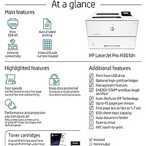 HP Laserjet Pro M501dn Monochrome Laserjet Printer, Automatic 2-Sided Printing, 2-line LCD Display, 650-Sheet, 45 ppm, Built-in Ethernet and USB, Auto-On/Auto-Off, Bundle with JAWFOAL Printer Cable
