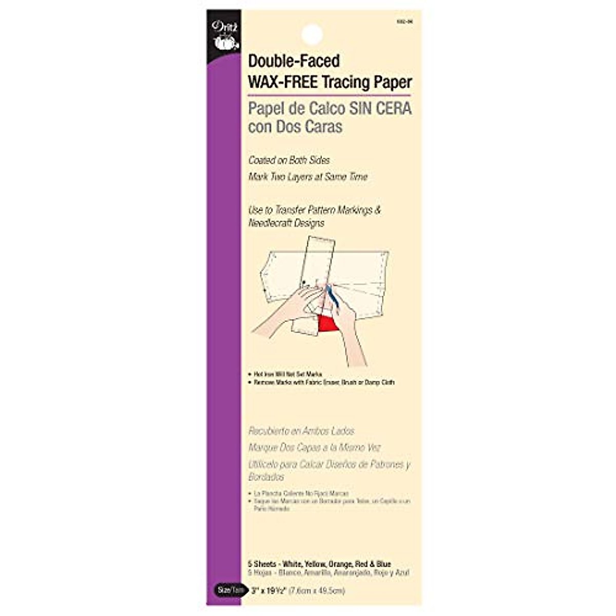 Dritz Double-Faced & Wax Free, 5 Sheets, Multicolor Tracing Paper, 3 x 19-1/2-Inch, 5 Count