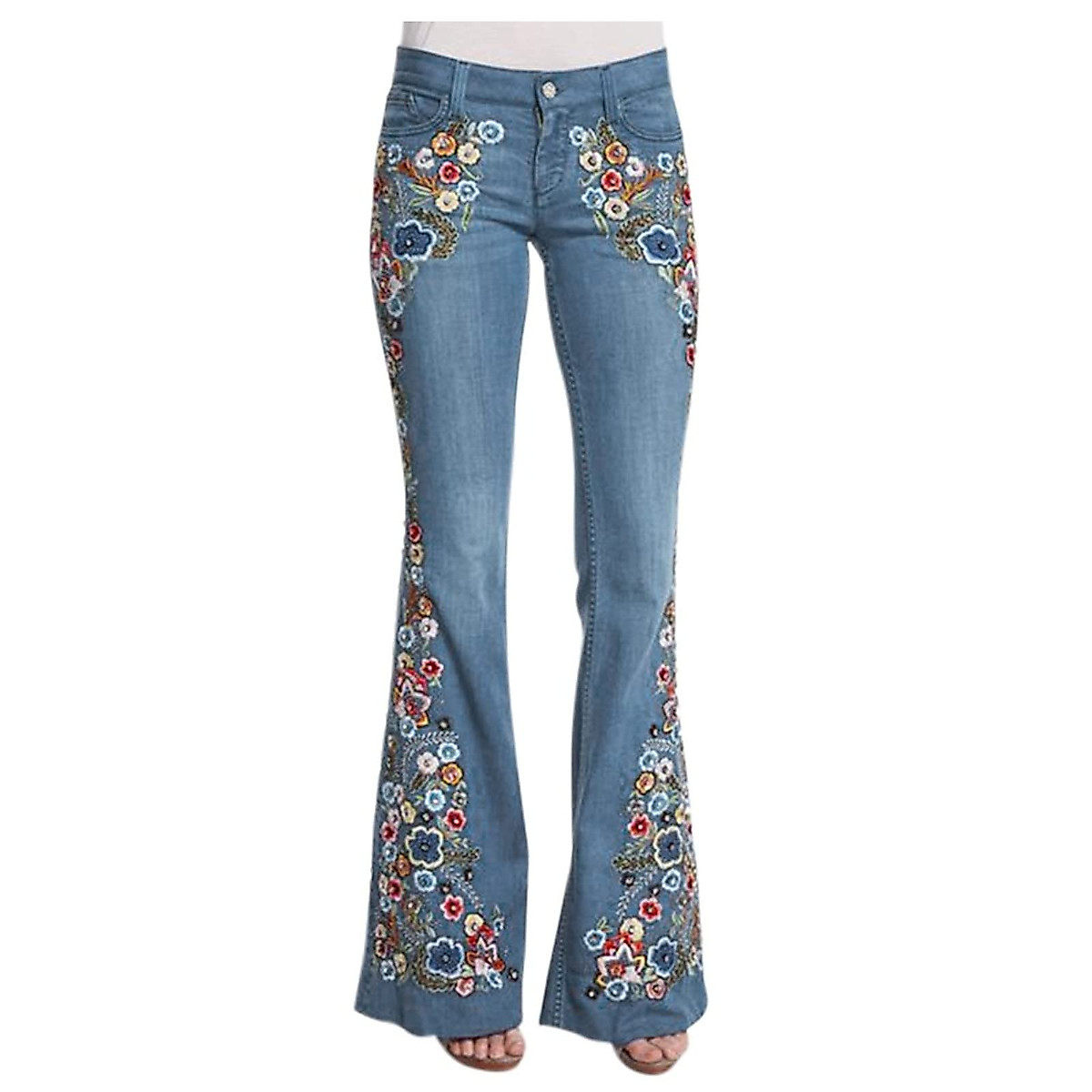 Women's Embroidery Destoryed Flare Jeans Button Waist Bell Bottom Summer Casual Trouser Comfortable Denim Pants（Light Blue,XX-Large）