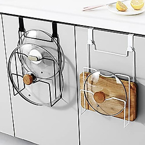 Luxshiny Cabinet Organizer Wall Mount Pot Lid Rack Punch Free Stainless Steel Hanging Cutting Board Pot Lid Holder Cabinet Door Pot Lid Organizer Pan Cover Rack Hanger for Kitchen White Shelf Bracket