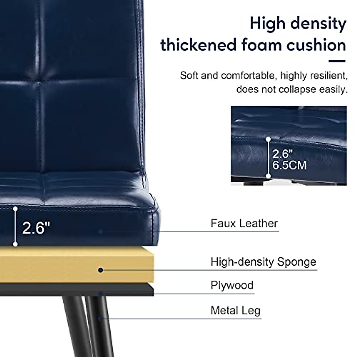 CLIPOP Kitchen Faux Leather Dining Chairs Set of 4, Mid-Century Modern Dining Chair with with Square Grid Design Backrest Heavy Duty Metal Legs, Armless Kitchen Accent Chair for Living Room, Blue