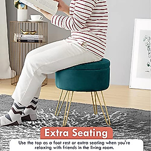 Ornavo Home Modern Round Velvet Storage Ottoman Foot Rest Vanity Stool/Seat with Gold Metal Legs & Tray Top Coffee Table - Teal