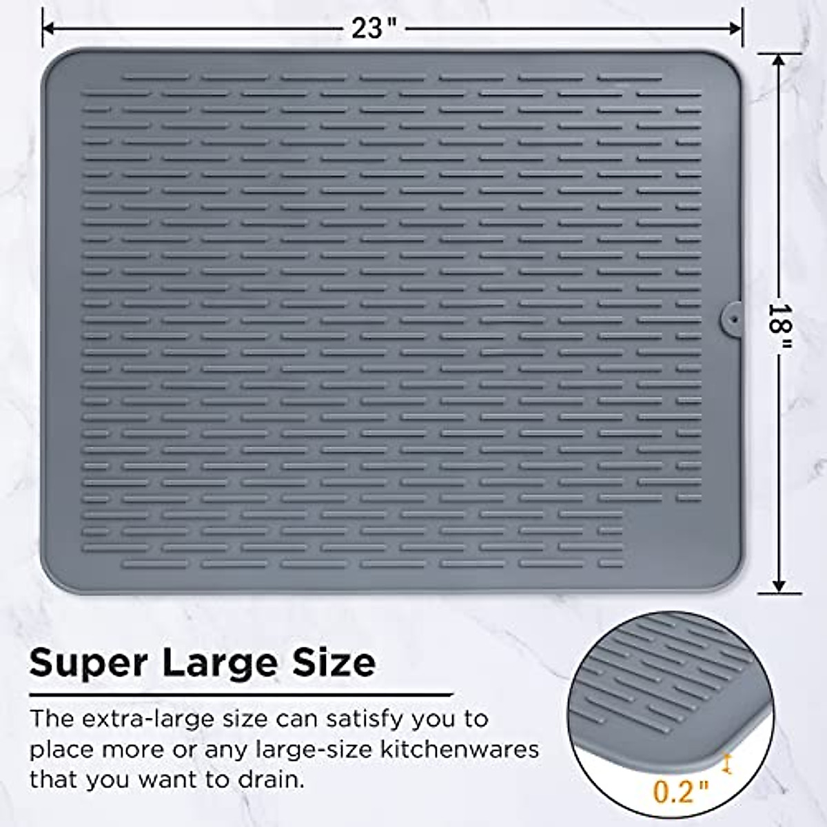 SOSMAR Silicone Drying Mat, XL Size 23” x 18”, Dish Drying Mat, Large Dish Drainer Mat for Kitchen Counter, Heat Resistant Hot Pot Holder, Non-Slip Silicone Sink Mat, BPA Free, Dish Washer Safe, Gray