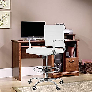 LUCKWIND Drafting Chair Tall Office Chair Ribbed - Mid-Back PU Leather Standing Desk Stool with Adjustable Foot Ring Padded Armrests Tilt-Tension Rocker Lumbar Support Swivel Rolling 400lbs, White