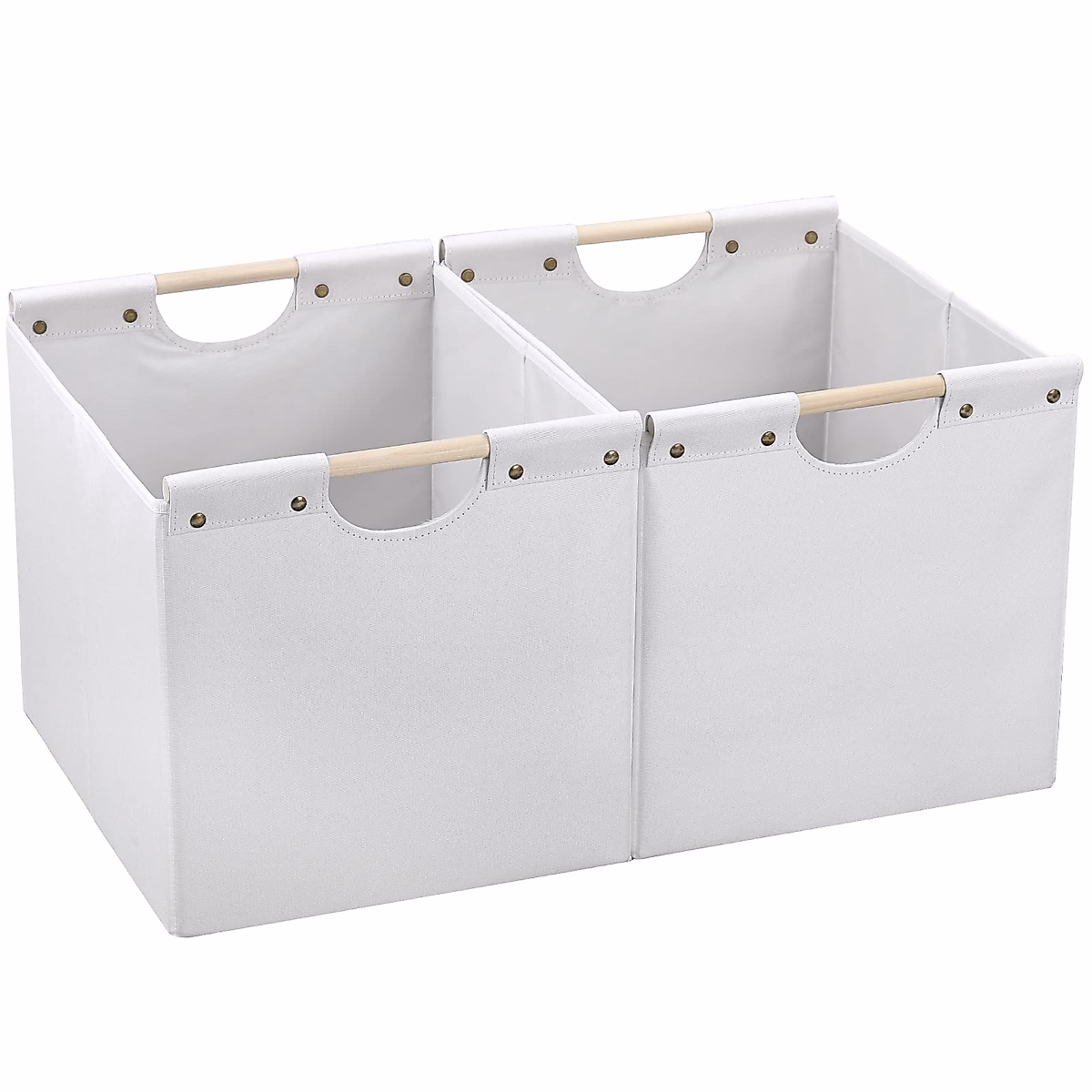 HOONEX Large Collapsible Storage Bins, Linen Fabric, Pack of 2, Storage Baskets with Wooden Carry Handles and Sturdy Heavy Cardboard, for Home, Office, Car, Nursery, White