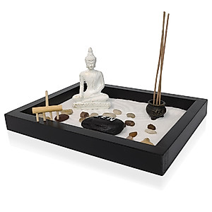 Japanese Mini Zen Garden Sand Box Kit with Incense Holder and White Miniature Buddha Statue - Zen Decor for Relaxation and Meditation - Home Decor, Office Accessory, Gift Set