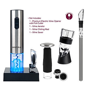 Secura 12-Piece Wine Accessories Set Electric Wine Opener, Wine Foil Cutter, Wine Aerator, Wine Saver Vacuum Pump and 2 Wine Stoppers