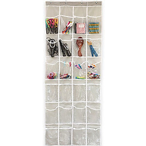 24 Pockets - SimpleHouseware Crystal Clear Over The Door Hanging Shoe Organizer, Gray (64'' x 19'')